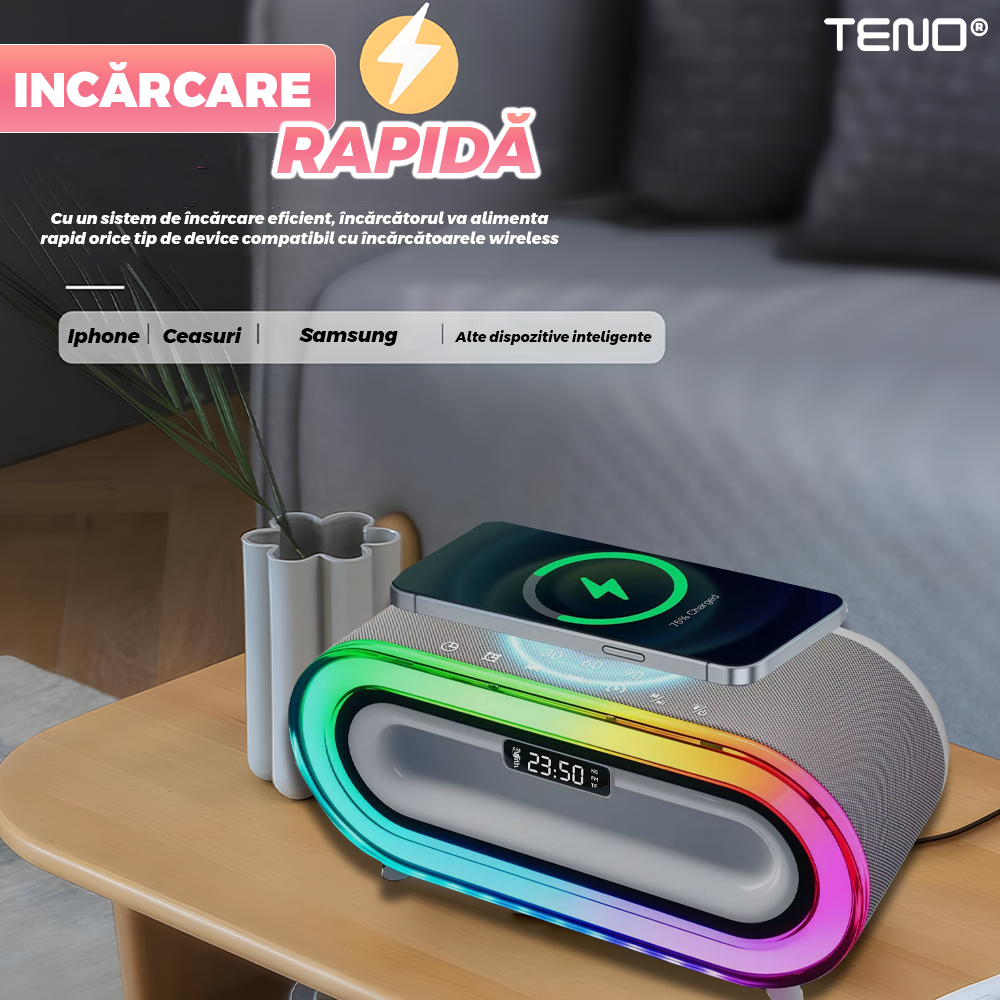 Boxa Multifunctionala 3 in 1 Teno1940, lampa LED RGB, incarcator de ga ...